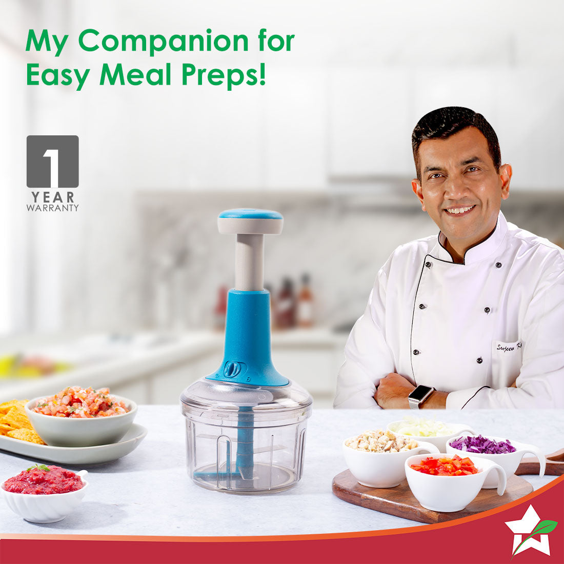 Glory Push Chopper | 800 ml | 3 Stainless Steel Blades | Anti-Slip Sil ...