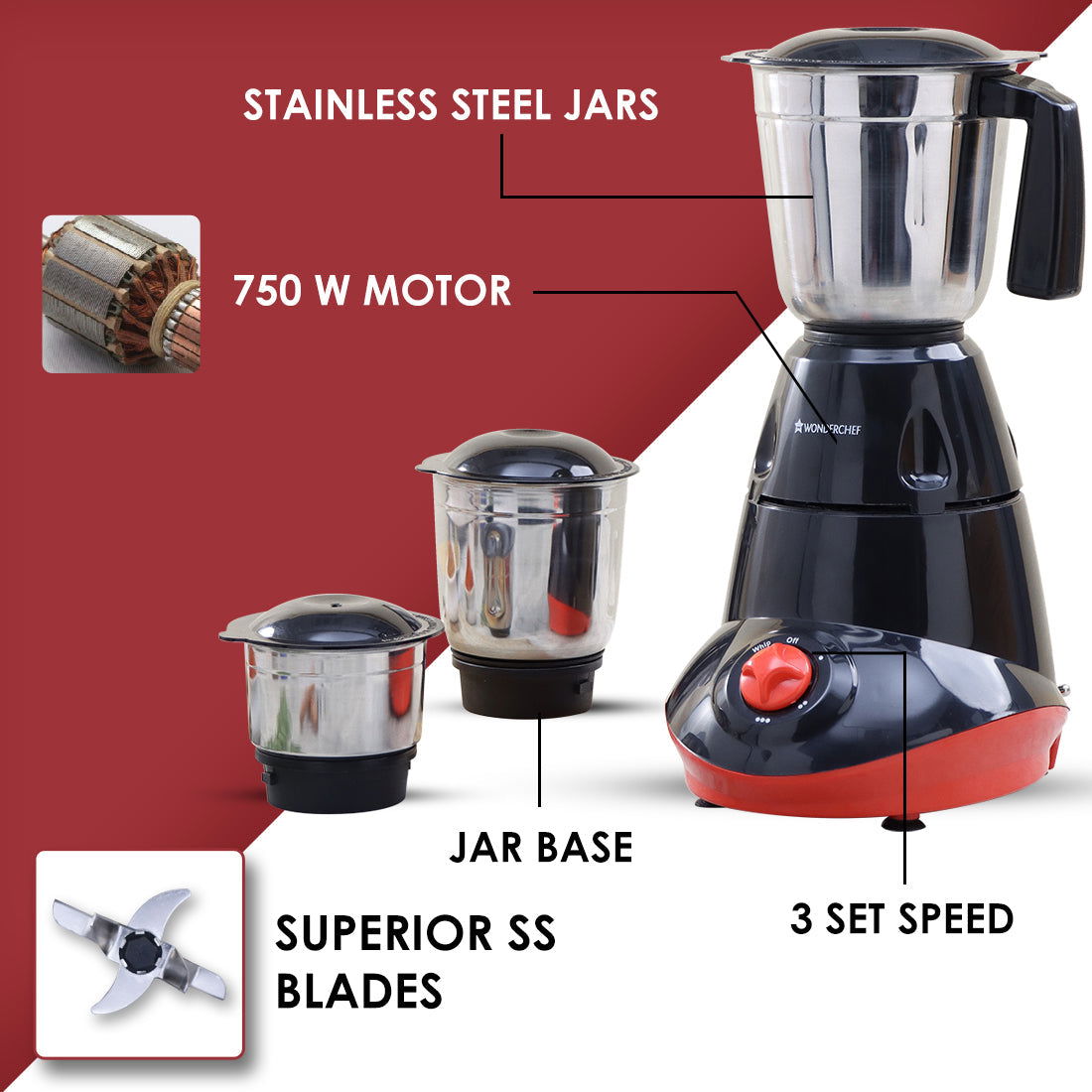 Wonderchef Renewed Capri Mixer Grinder 750W, 3 Stainless Steel Jars, B ...