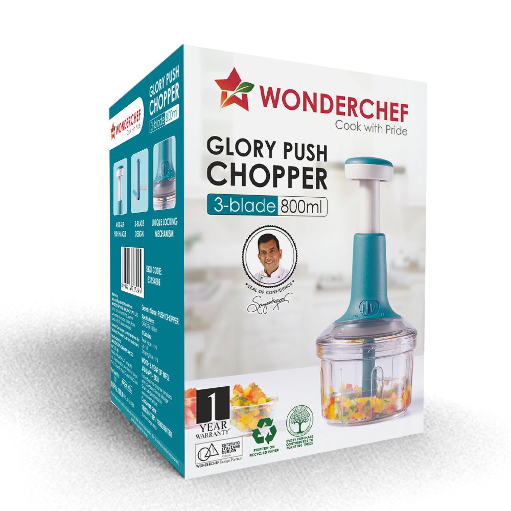 Glory Push Chopper | 800 ml | 3 Stainless Steel Blades | Anti-Slip Sil ...