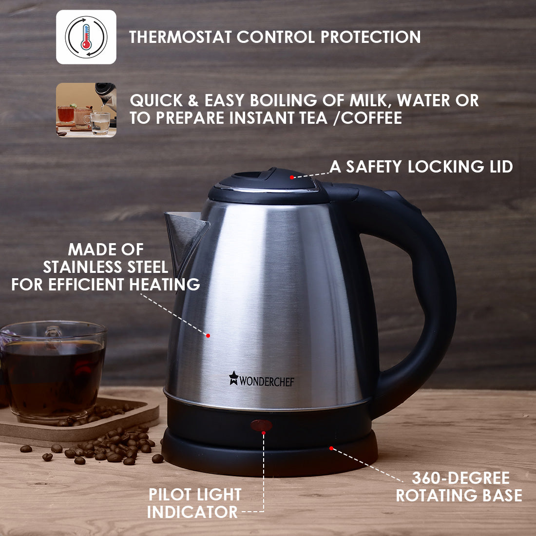 Crescent Electric Kettle 1.5 Litres, 2 years Warranty – Wonderchef