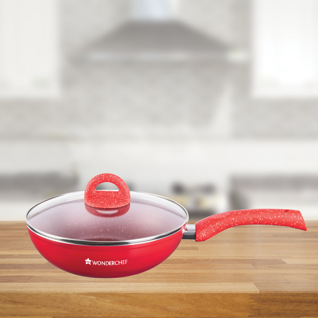 Granite Aluminium Non-stick Wok With Glass Lid, 24cm, 2.7L, 3.5mm, Red ...